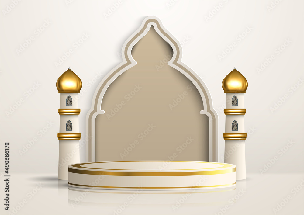 Realistic Islamic product display podium with mosque gate and golden ...