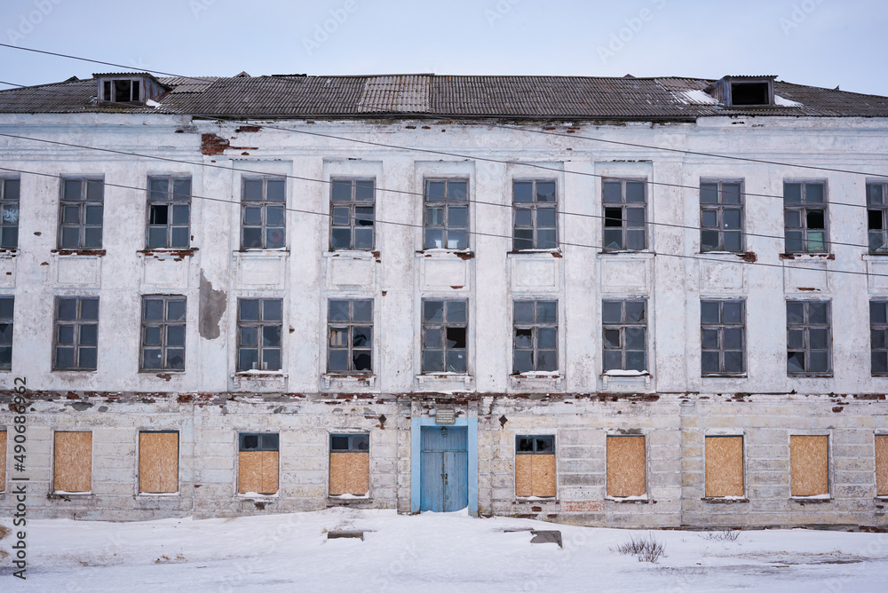 Poverty and devastation problem in russian small towns. Old ruined and ...