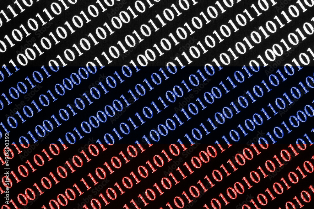 Numbers on computer screen. Macro photography with visible pixels. Binary code. Russian flag ...