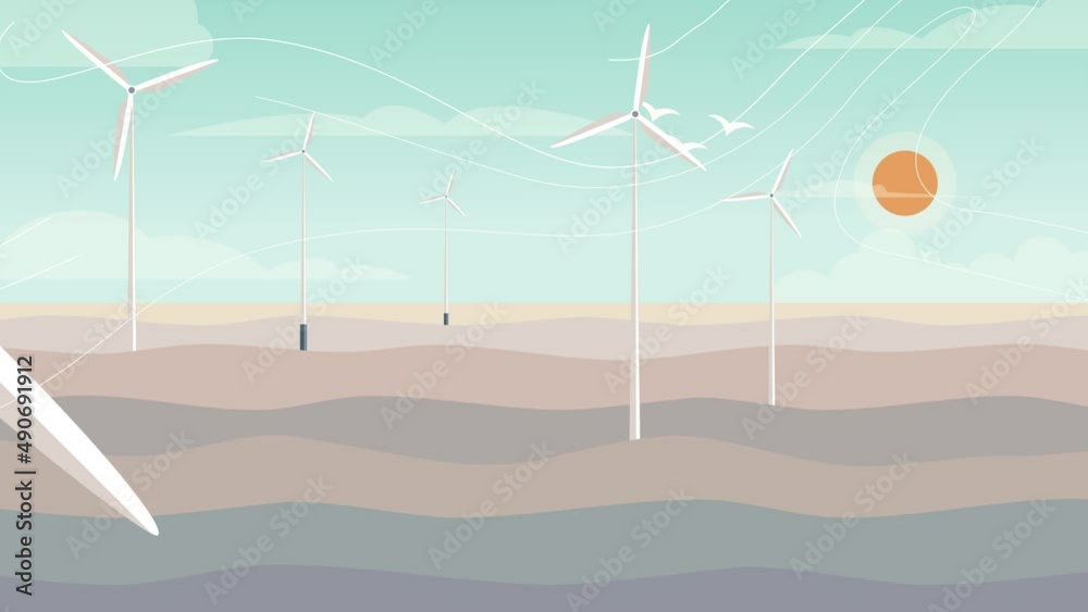 Spinning Wind Turbines in the sea, 2d flat animation. Climate change ...