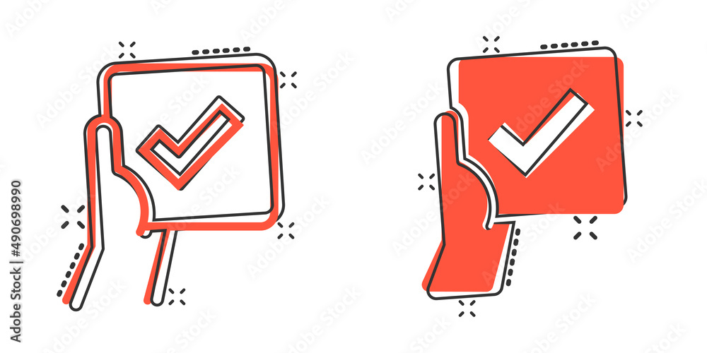 People hand with check mark icon in comic style. Accept cartoon vector ...