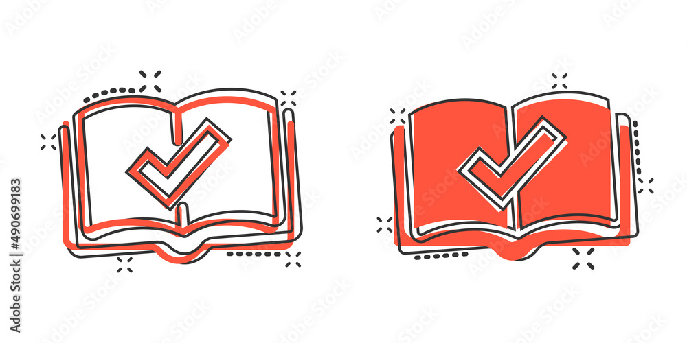 Book check mark icon in comic style. Bookmark approval cartoon vector ...