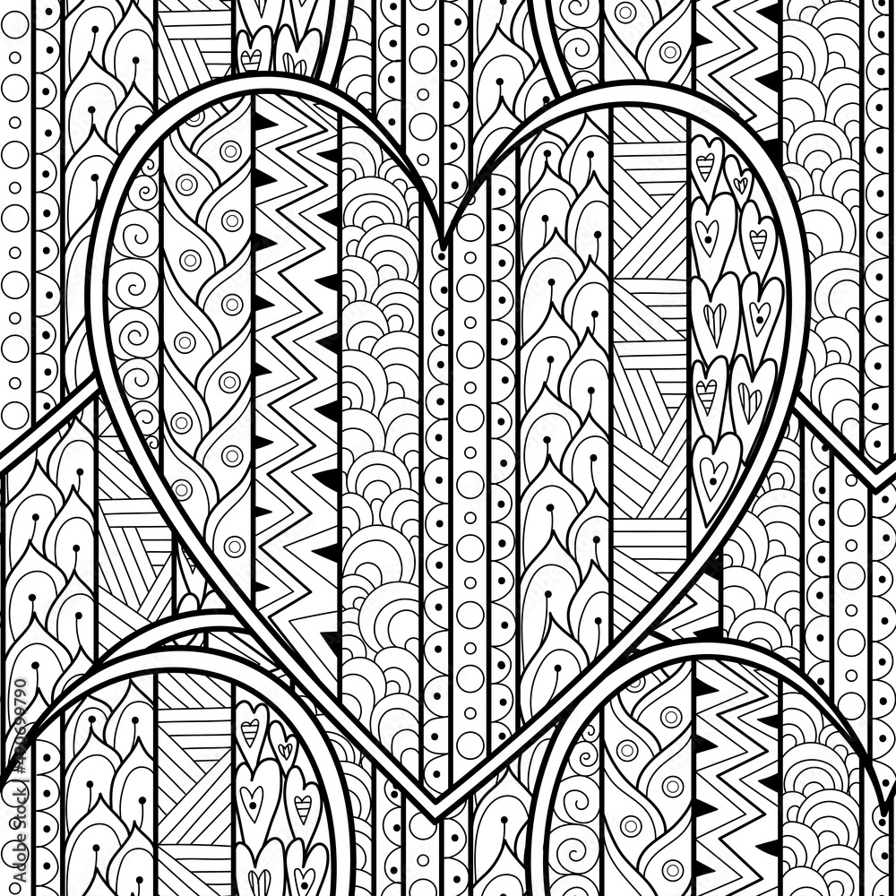 Ethnic heart black and white seamless pattern for coloring book. Love ...