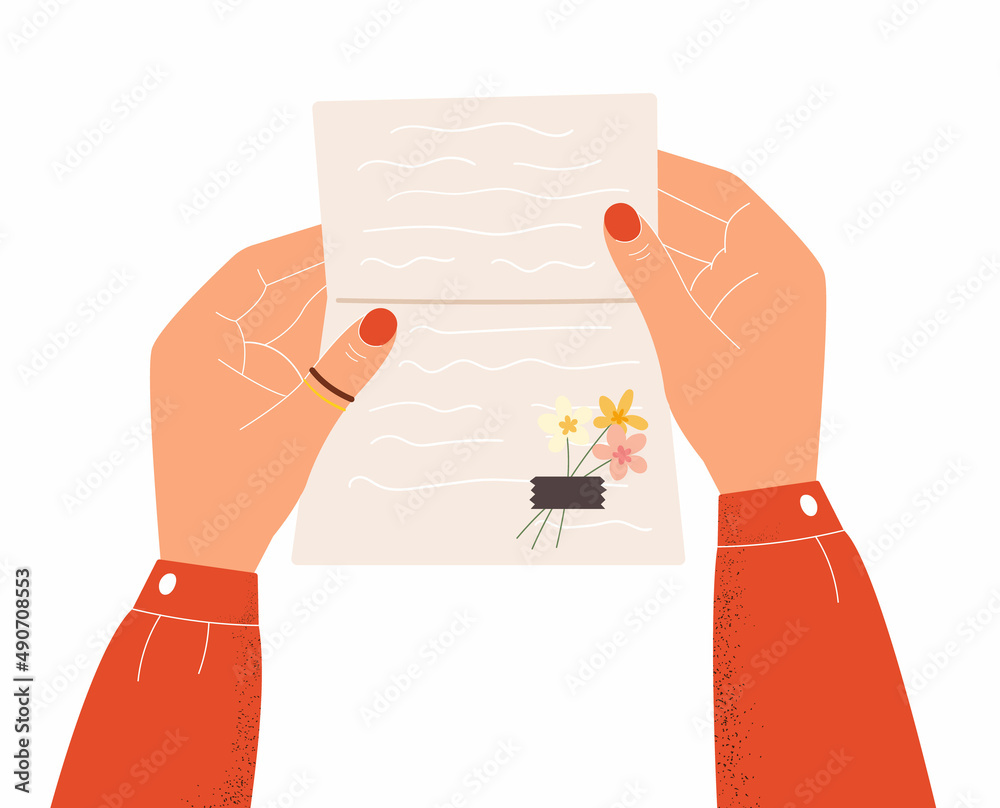 Female hands holding handwritten romantic letter. Woman reading message ...