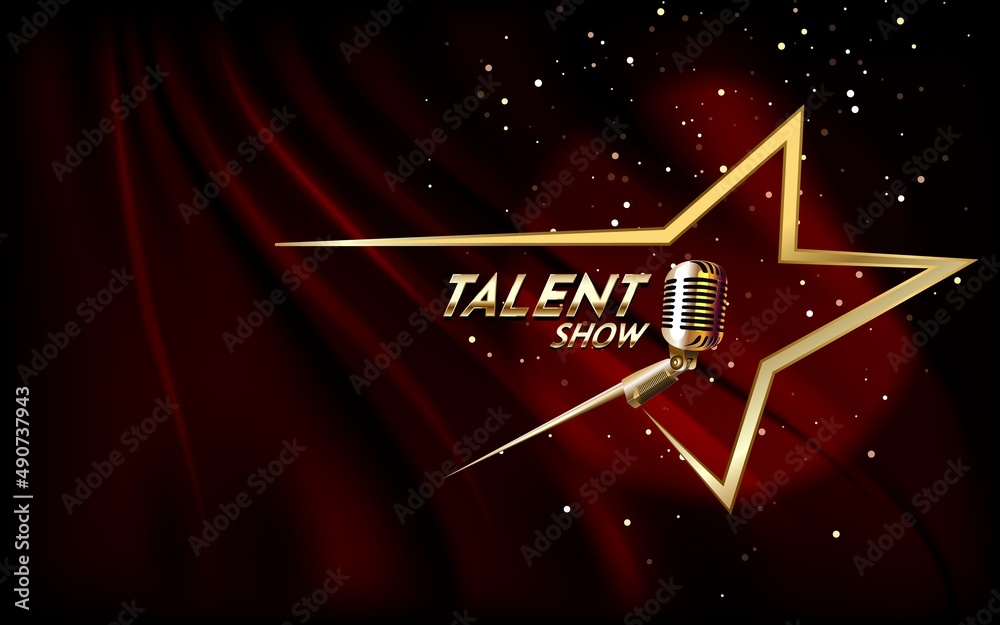 Golden talent show text in the star over red curtain. Event invitation ...