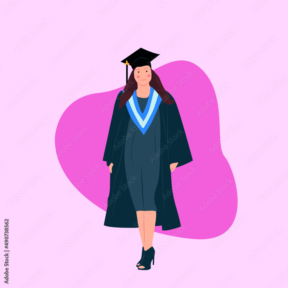Woman wearing graduation gown robe and academic cap smiling and waving ...