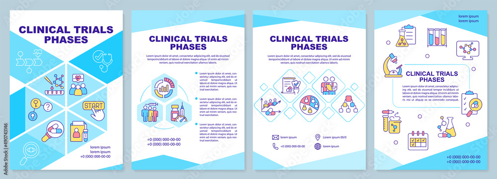 Clinical trials phases blue brochure template. Healthcare tests ...