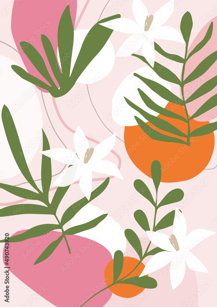 Botanical poster vector illustration. Foliage drawing with abstract ...