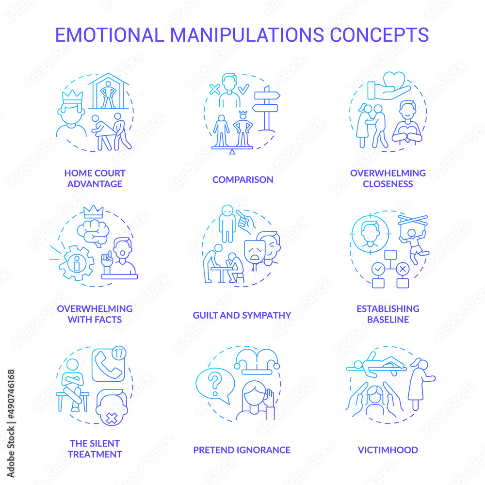 Emotional manipulations blue gradient concept icons set. Silent ...
