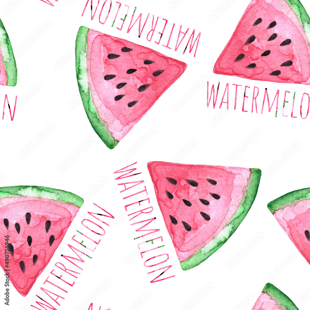 Hand drawn watercolor piece of juicy watermelon with written word ...