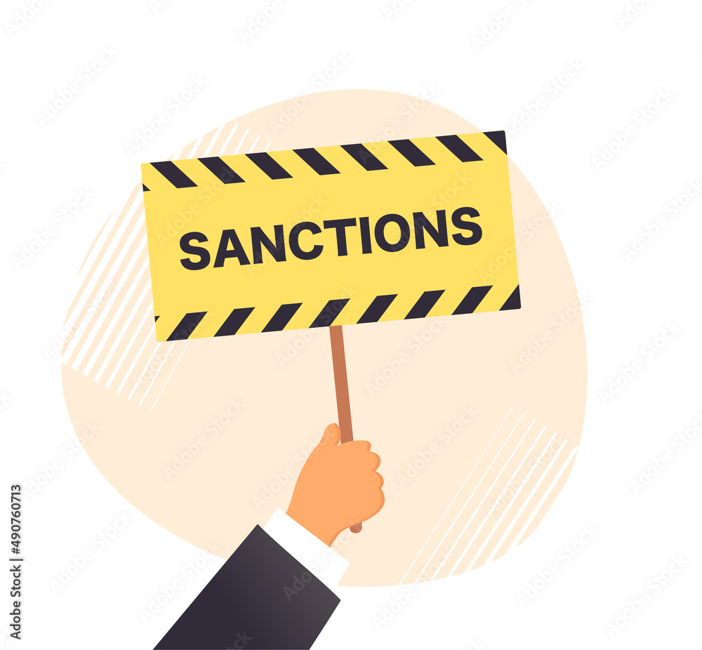 Sanctions concept. Human hand in a suit with yellow poster protesting ...