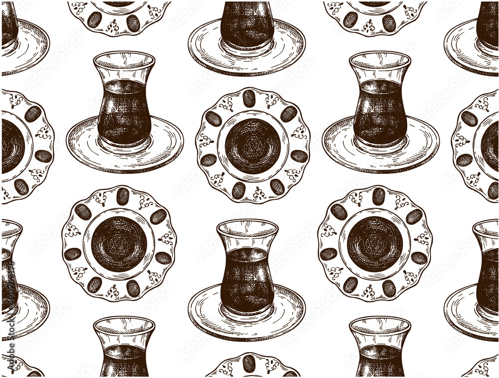 Sketch drawing pattern of traditional Turkish hot black tea in glass ...