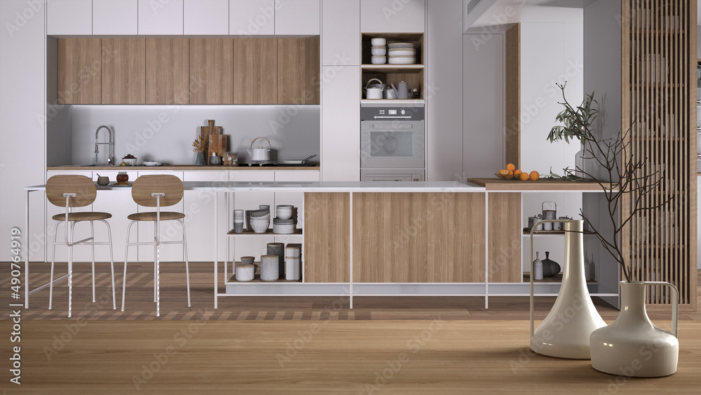 Wooden table top or shelf with minimalistic modern vases over modern ...