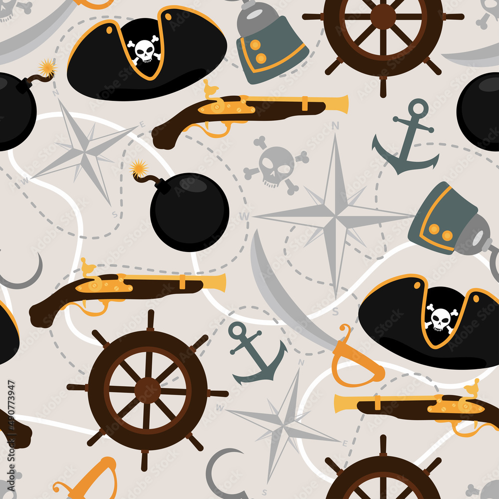 Seamless texture of pirate and nautical items. Hat, anchor, musket ...