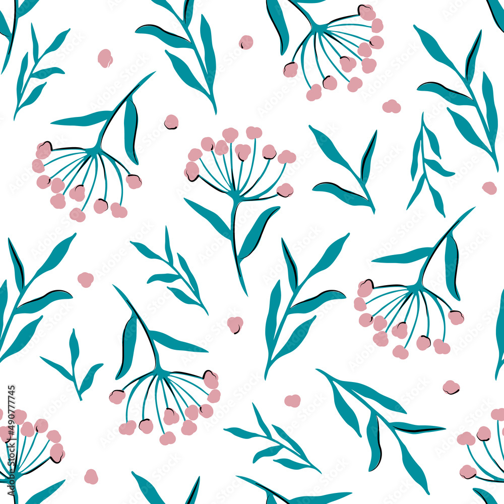 Seamless botanical pattern of plants and herbs, freehand drawing of pink flowers, spots, leaves ...