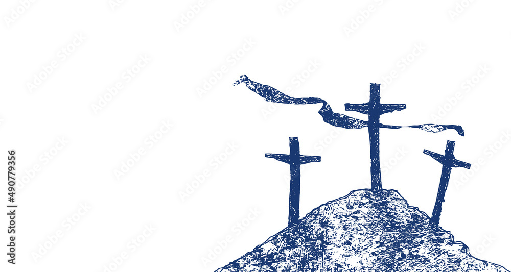 Good friday banner template. Easter biblical story. Calvary hill with three crosses silhouette ...