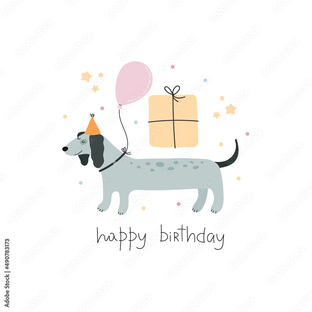 Happy birthday. cartoon dog, hand drawing lettering, decorative ...
