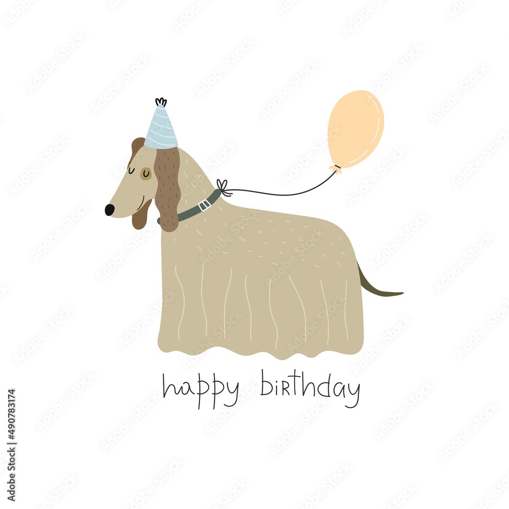 Happy birthday. cartoon dog, hand drawing lettering, decorative ...
