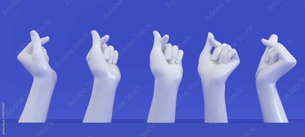 3D illustration of a row of hand models showing Korean Finger Heart or ...