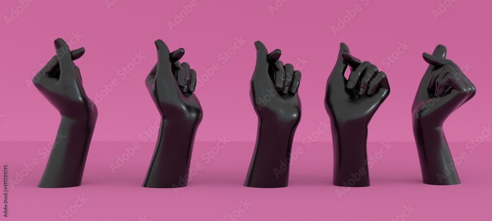 3D illustration of a row of hand models showing Korean Finger Heart or ...