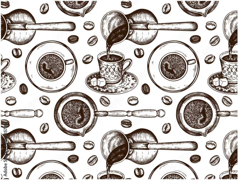 Sketch hand drawn pattern of Turkish coffee and coffee beans isolated ...
