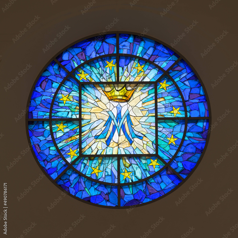Round stained glass window inside the in the Co-Cathedral of the Sacred ...