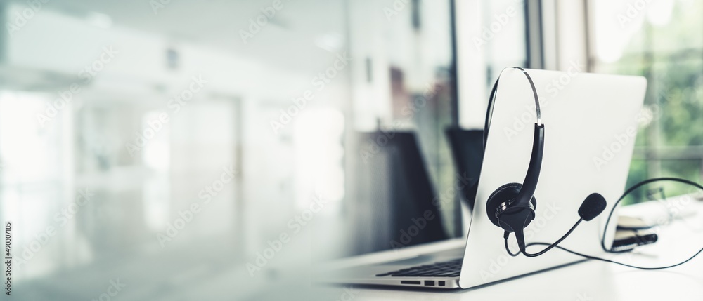 Headset and customer support equipment at call center ready for ...