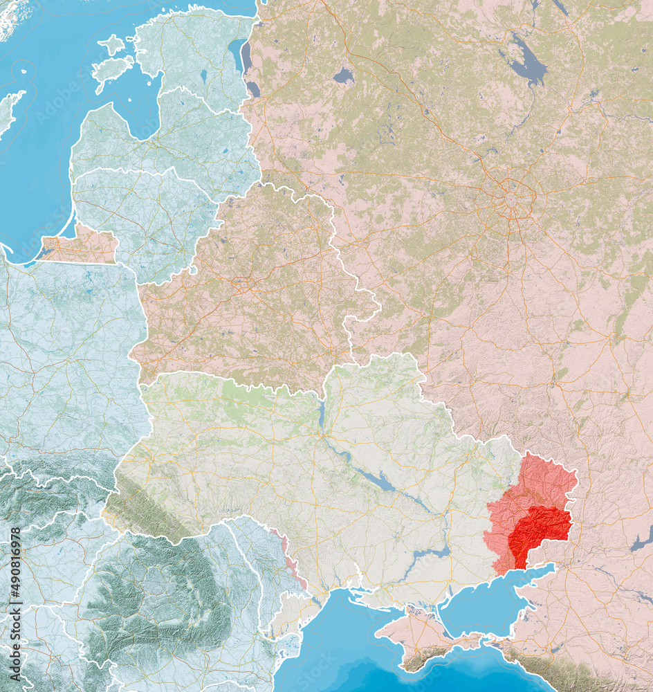 Map of Eastern Europe, Ukraine and neighboring states, satellite view ...