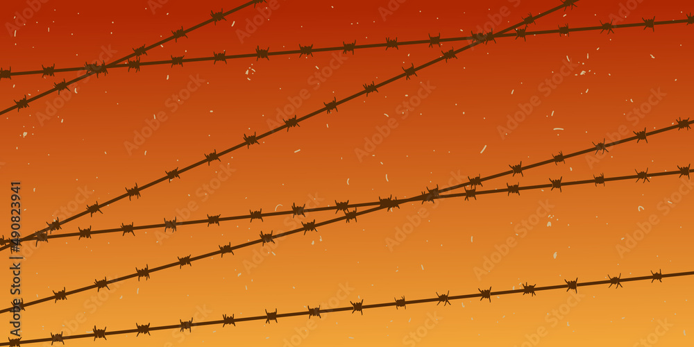 Horizontal background with barb wire in orange colors. War themes ...