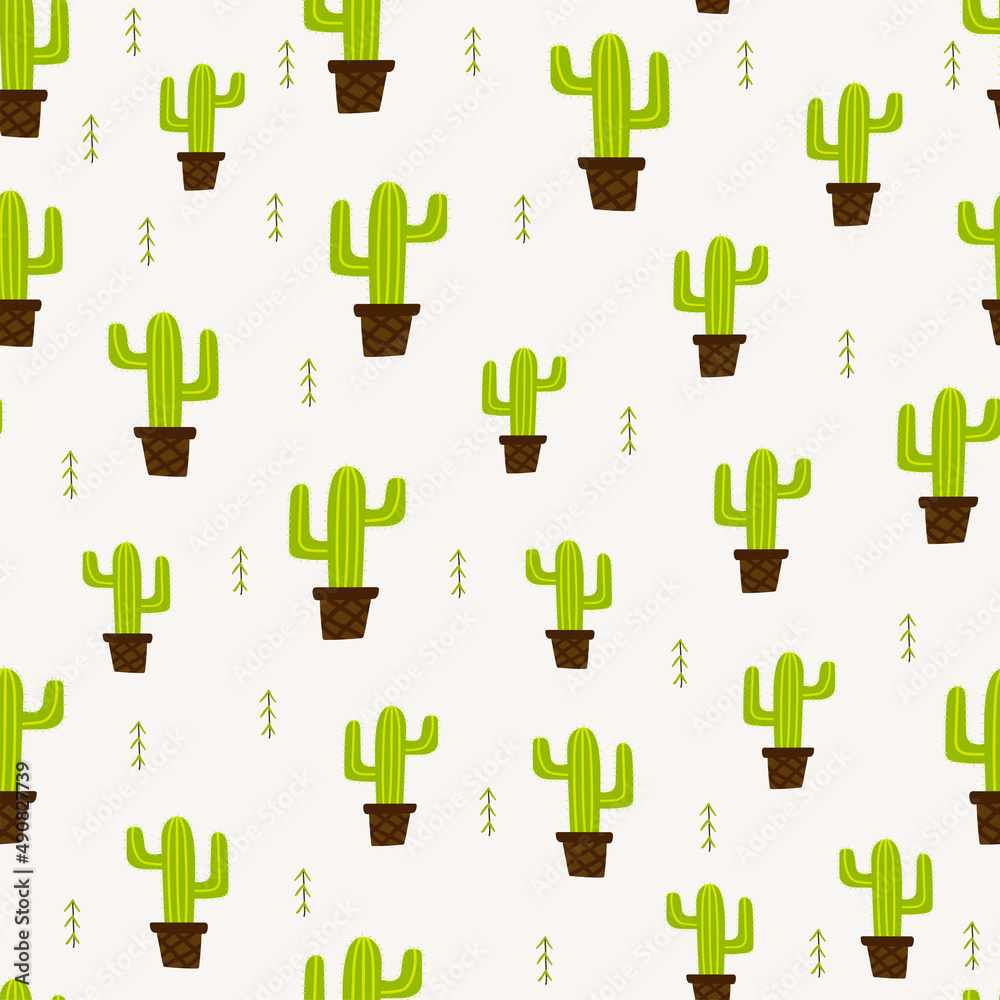 Cute cactus seamless pattern in doodles hand drawn cartoon style ...