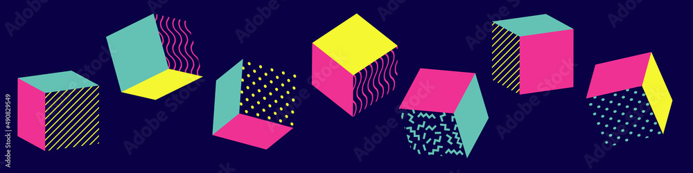 abstract cubic shapes in the style of memphis neon colors Stock Vector ...