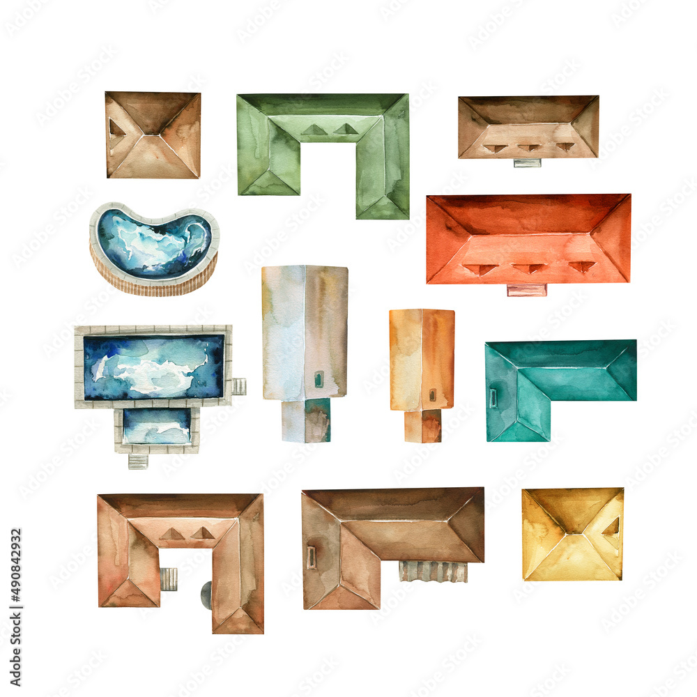 Watercolor map creator, houses roof Hand painted architecture, city ...