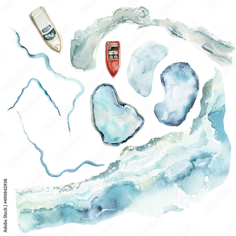 Watercolor water. Hand painted ocean, sea, river, lake. boat, ship ...