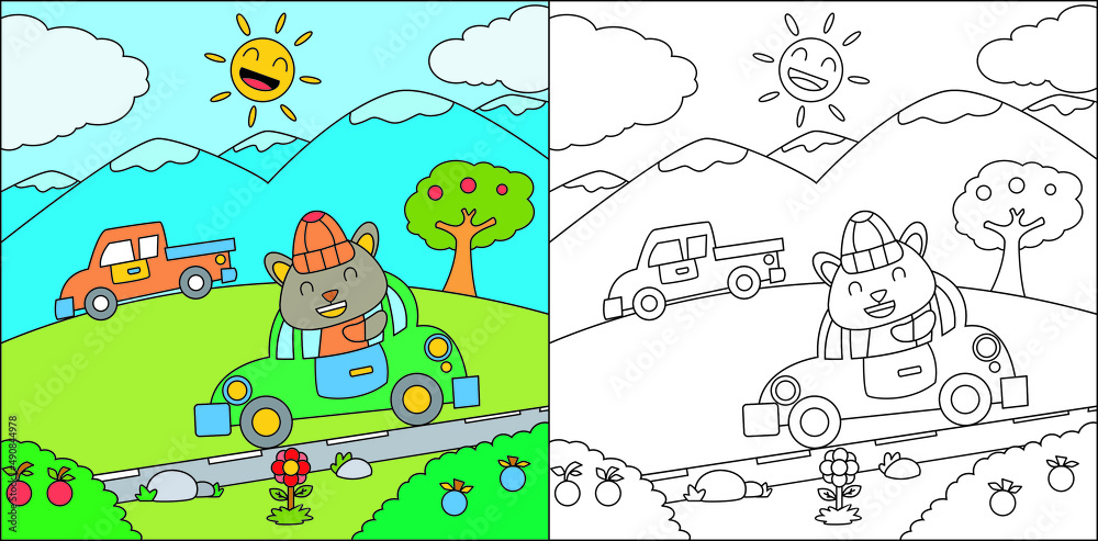Coloring book or coloring page cartoon cat driving a car Stock Vector ...