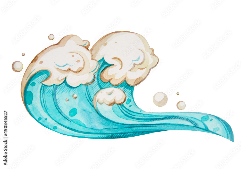 Watercolor hand painted Wave. Blue. Illustration isolated on white ...