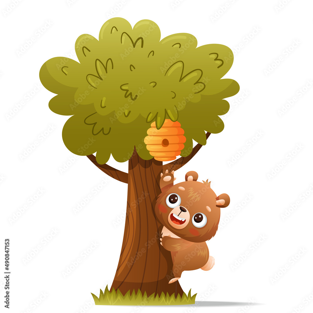 Baby bear climbs a tree for honey from a beehive. Drawn in cartoon ...