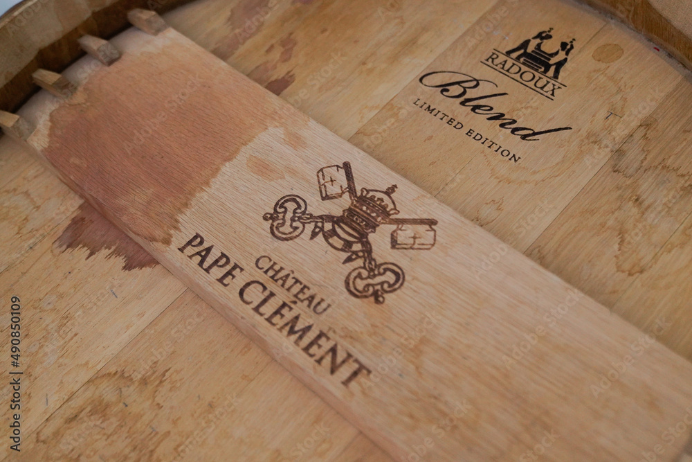 Château Pape Clément text and sign logo Radoux wooden wine barrel ...