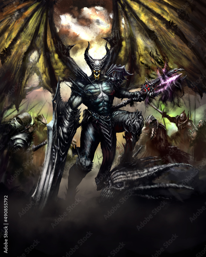 Destroyer demon with a huge sword, cursed staff and wings, stands on ...