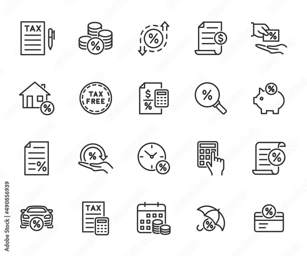 Vector set of tax line icons. Contains icons tax return, loan, interest ...