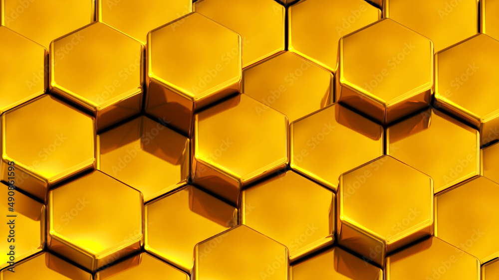 Gold hexagons 3D geometric background, shiny golden metallic shapes ...