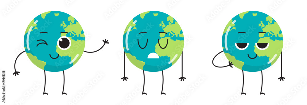 Cute earth characters different emotions and cartoon mascot globe ...