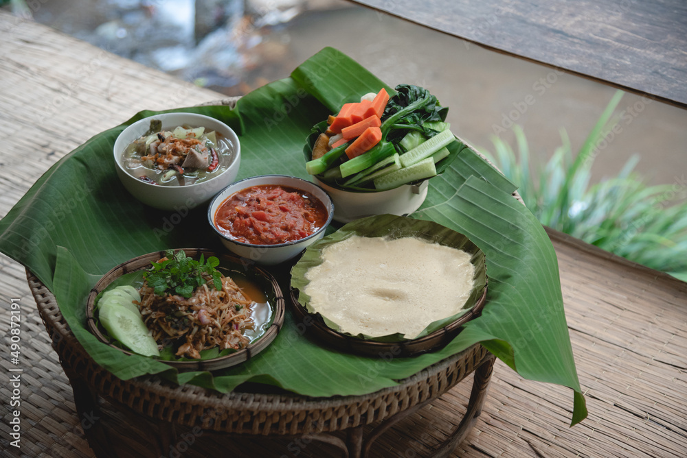 Thai northern food as local name Khan Tok, it is traditional of people ...