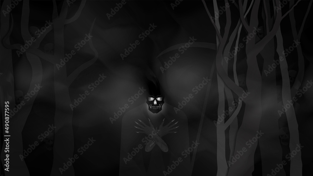 Black vector of a terrible death with glowing eyes, crossed arms and a ...