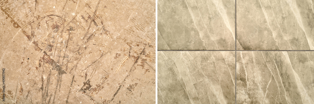 Damaged floor with cracks before and after laying ceramic tiles Stock ...
