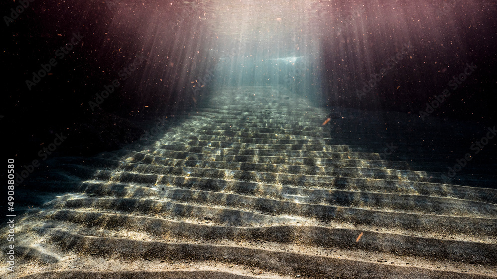 Seascape of the Ocean floor with sunbeams in the coral reef of the ...