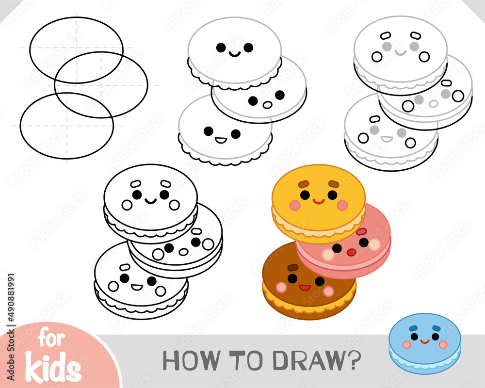 Vetor de How to draw set of macaroons for children. Step by step ...