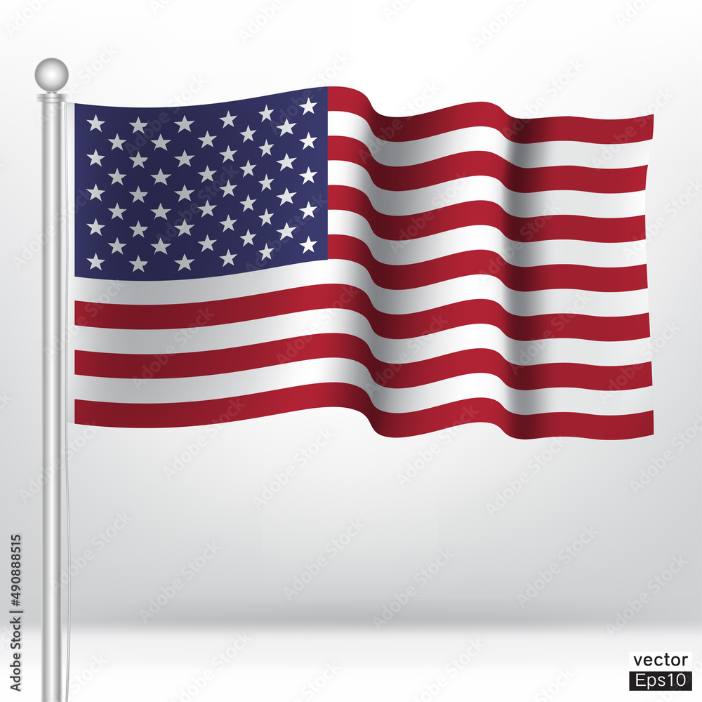 Waving USA flag on a metallic pole isolate on white background. The ...