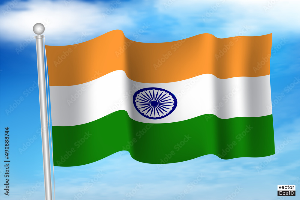 Waving india flag on a metallic pole in blue sky background. India flag ...