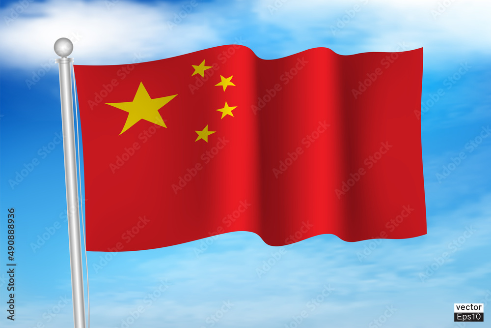 Vecteur Stock Waving China flag with a metallic pole isolate on blue ...