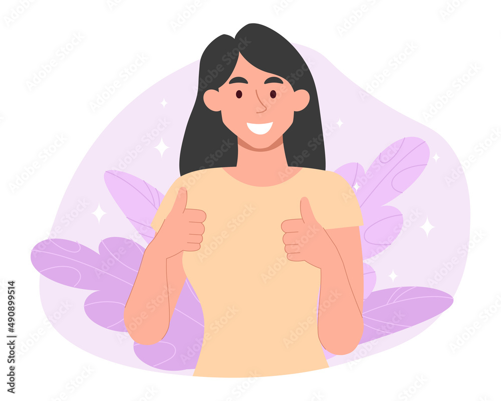 Happy girl show thumbs. Positive and optimistic character. Model for ...